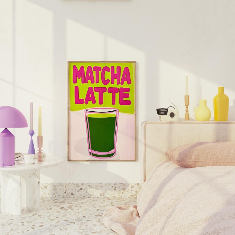 Matcha Latte Wall Art - Bold Green and Pink Coffee Poster - Fun and ...