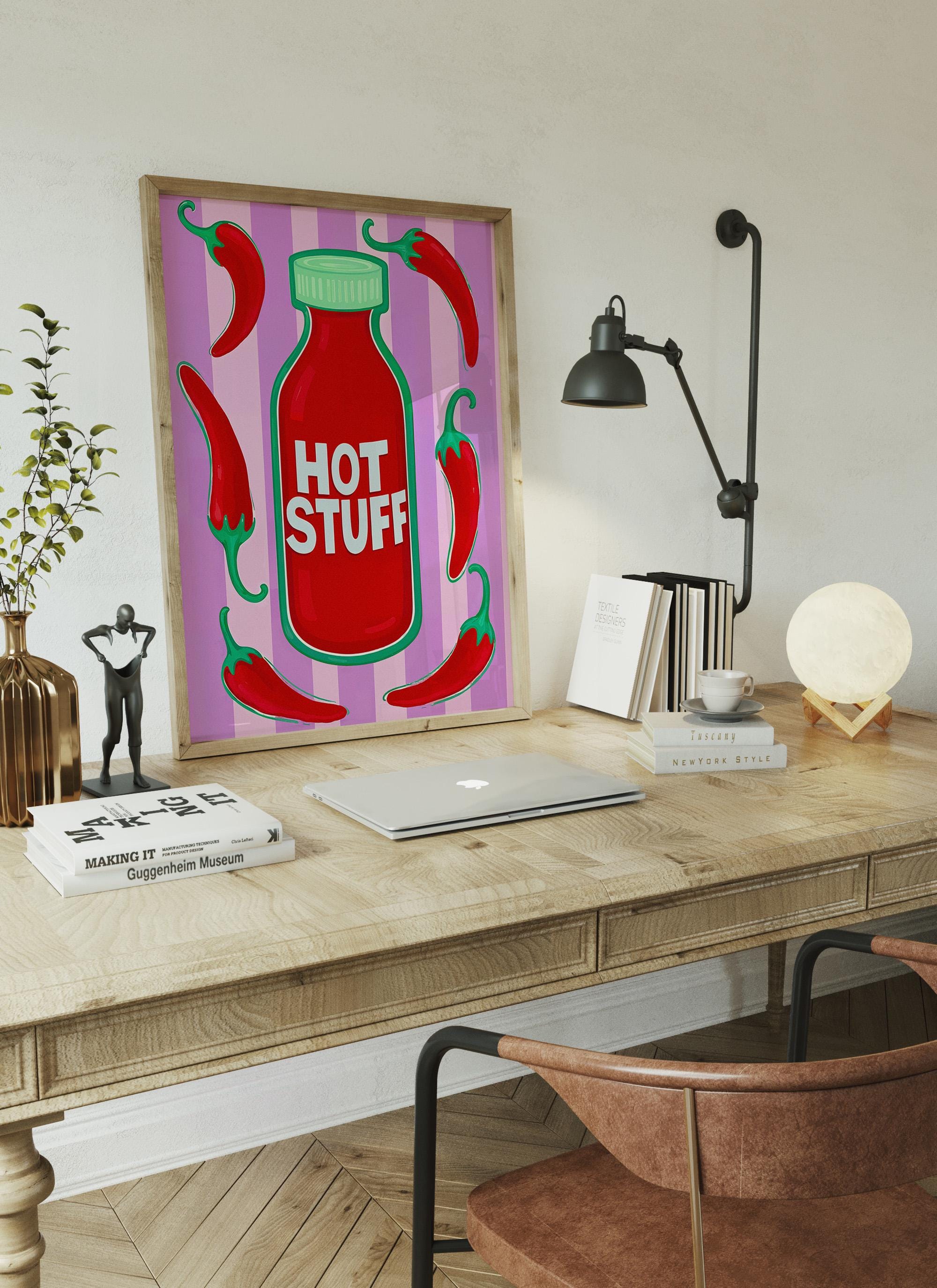 Hot Stuff Wall Art - Bold Red Sauce Bottle and Chili Peppers Poster ...