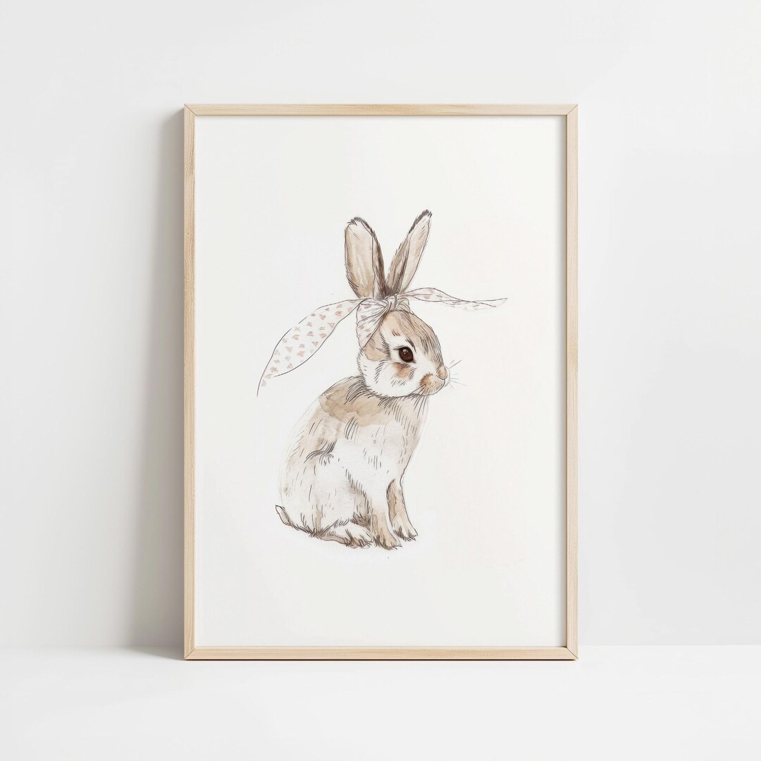 Cute Bunny Wall Art Print | Watercolor Rabbit With Bow Poster ...