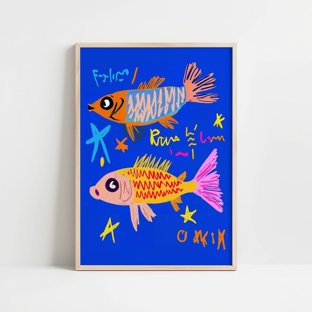 Colorful Fish Wall Art - Vibrant Ocean-themed Poster - Playful Blue Sea ...