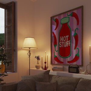 Hot Stuff Wall Art - Bold Red Sauce Bottle and Chili Peppers Poster ...