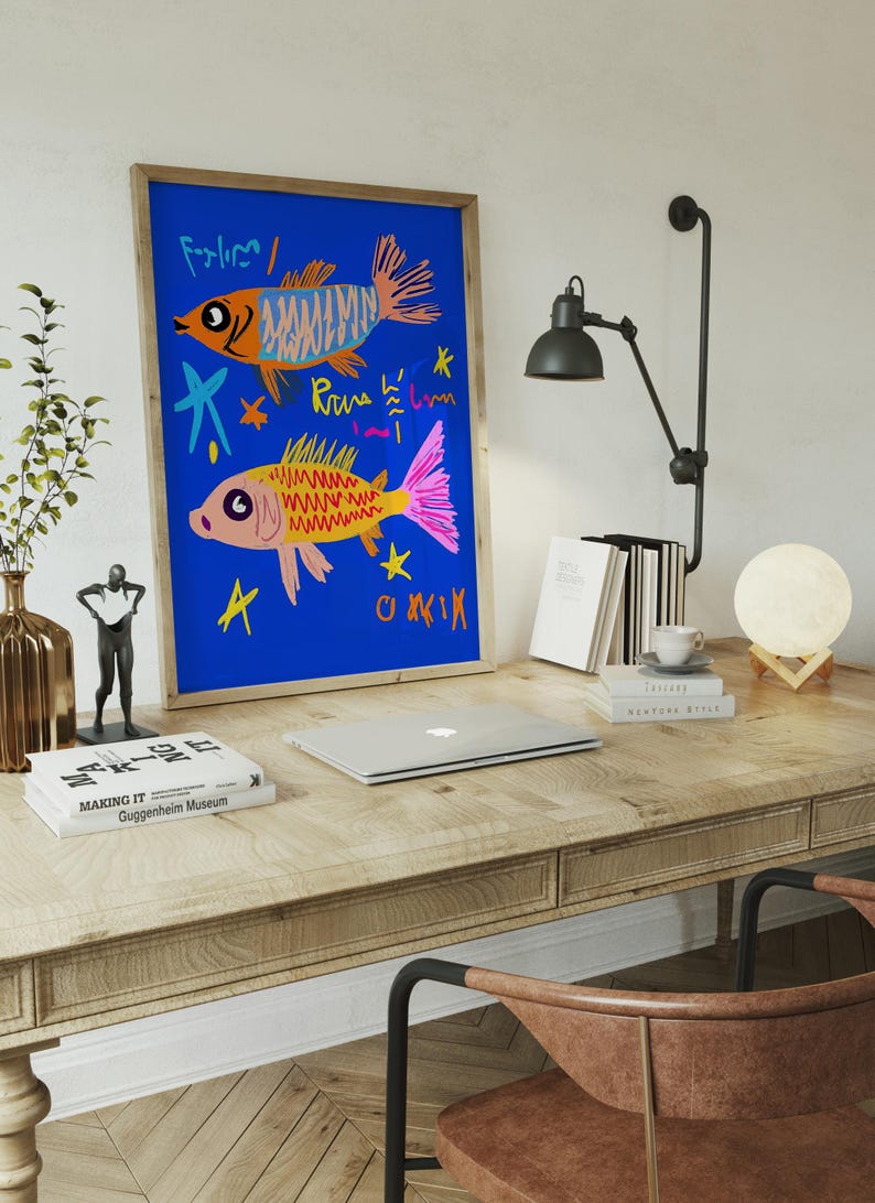 Colorful Fish Wall Art - Vibrant Ocean-themed Poster - Playful Blue Sea ...