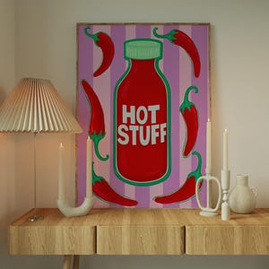 Hot Stuff Wall Art - Bold Red Sauce Bottle and Chili Peppers Poster ...