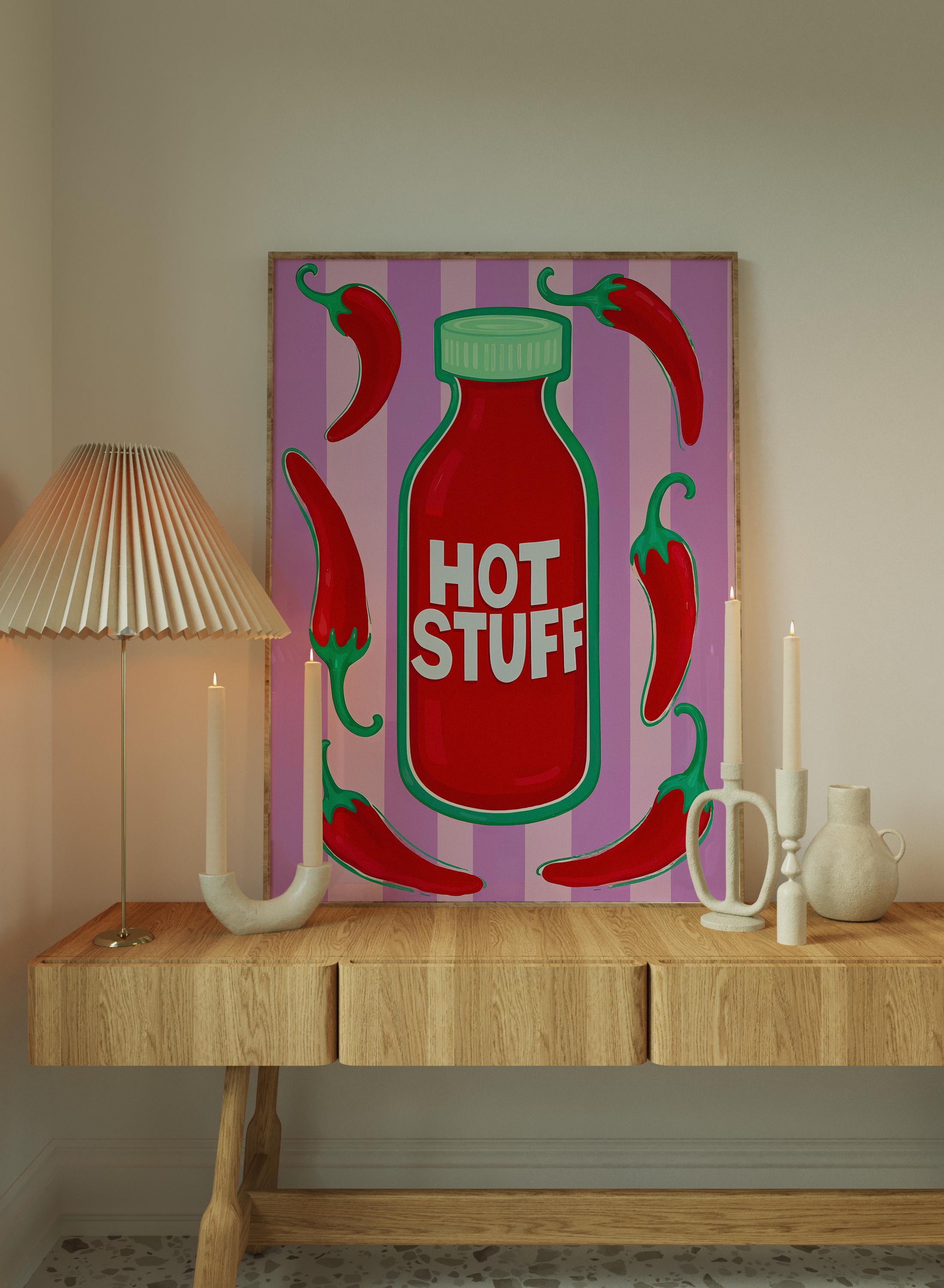 Hot Stuff Wall Art - Bold Red Sauce Bottle and Chili Peppers Poster ...