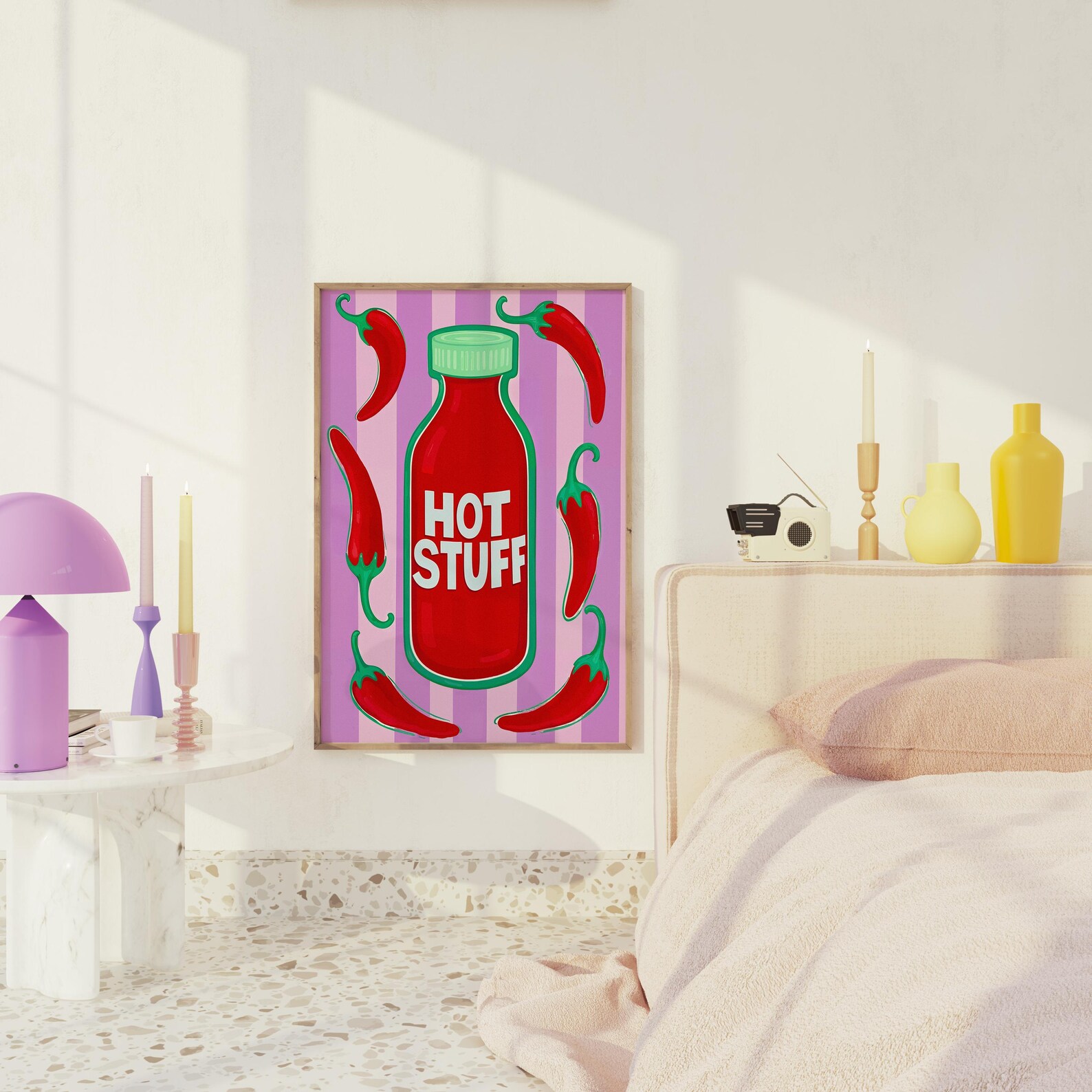 Hot Stuff Wall Art - Bold Red Sauce Bottle and Chili Peppers Poster ...
