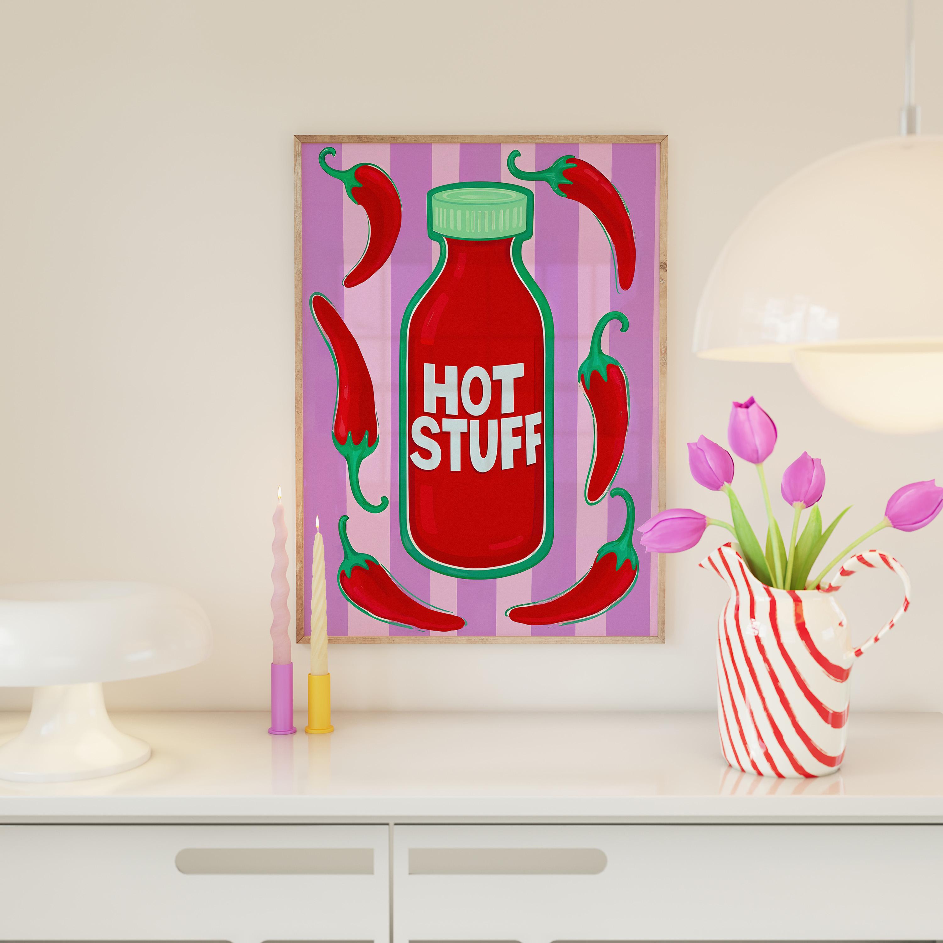 Hot Stuff Wall Art - Bold Red Sauce Bottle and Chili Peppers Poster ...