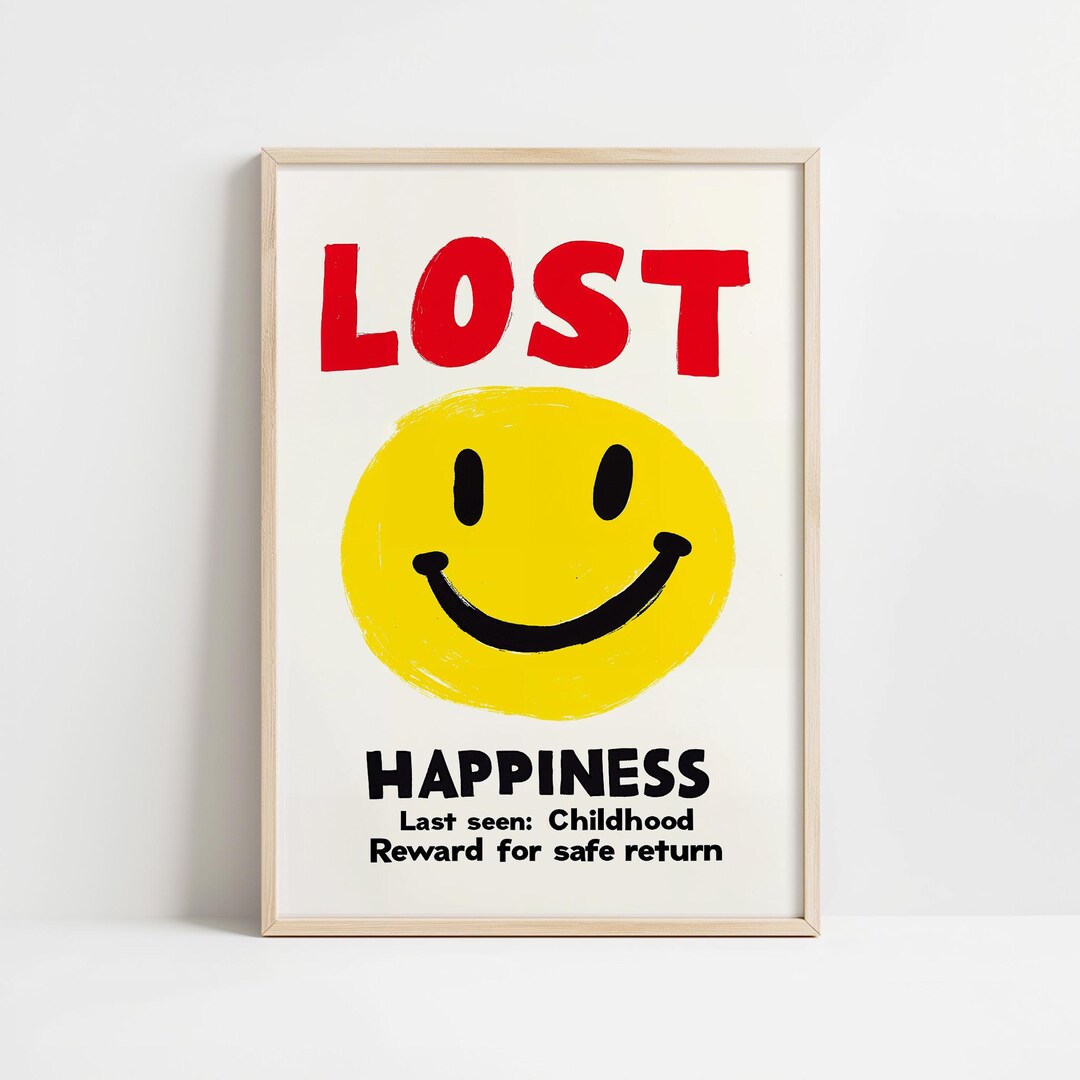 Lost Happiness Wall Art - Funny Smiley Face Poster - Bold and Quirky ...