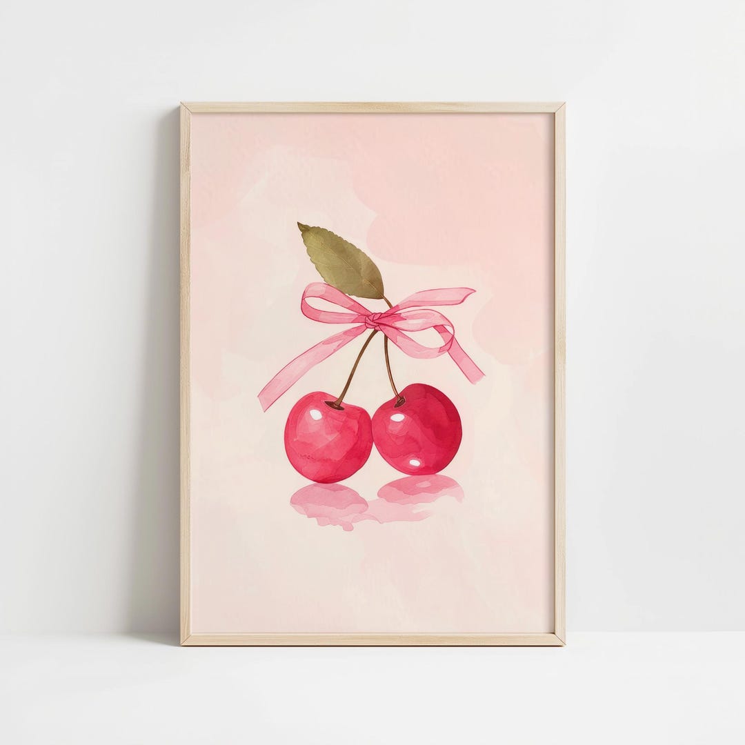 Cherry Art Print - Pink Cherry Illustration With Ribbon - Sweet Fruit ...