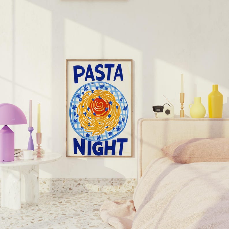 Pasta Night Wall Art - Fun and Colorful Spaghetti Poster - Quirky ...