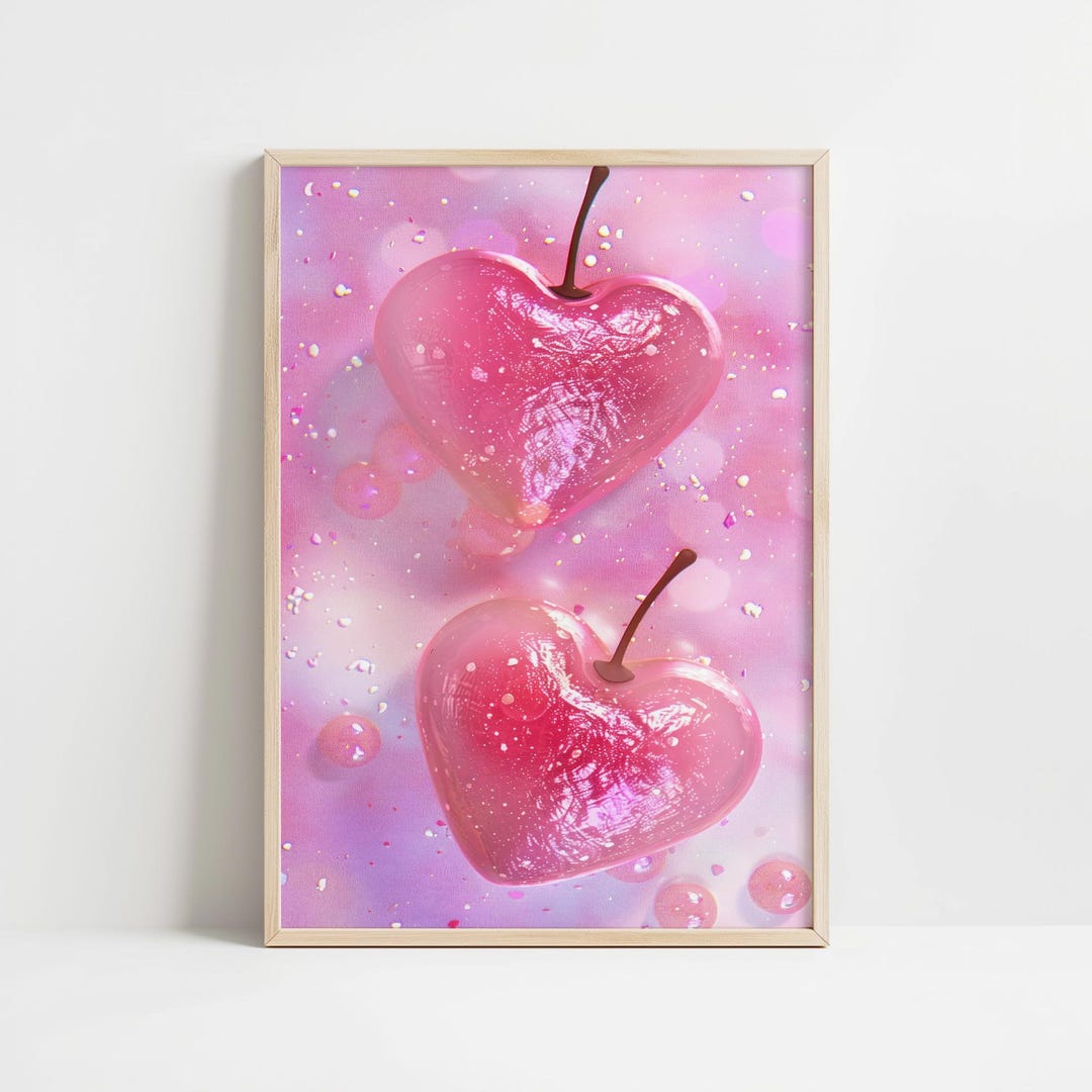 Heart-shaped Pink Cherries Art Print - Magical Digital Artwork - Fruit ...