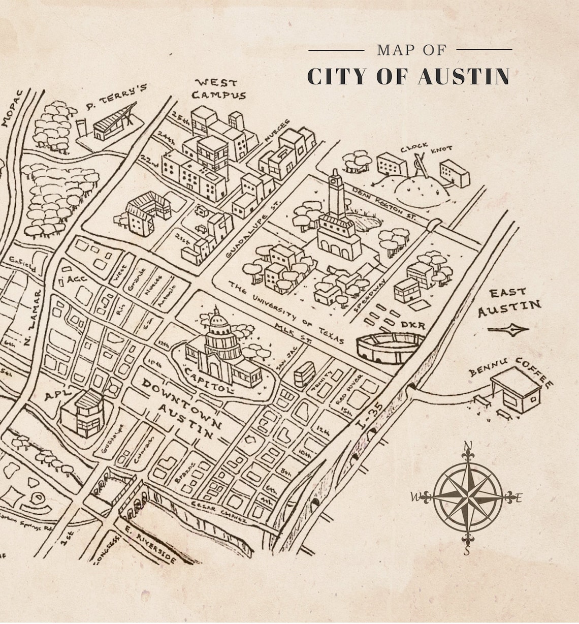 Austin Vintage Map, Printable, Map of Austin, Austin Texas, Retro City ...