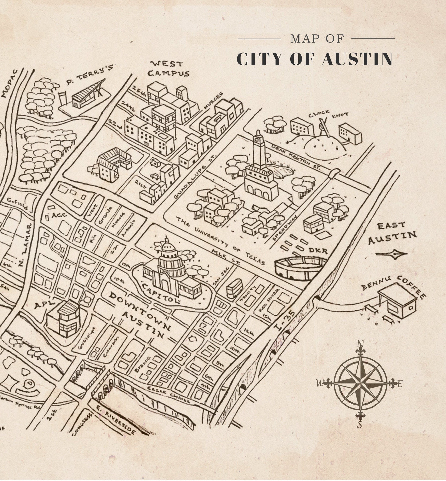 Austin Vintage Map, Printable, Map of Austin, Austin Texas, Retro City ...