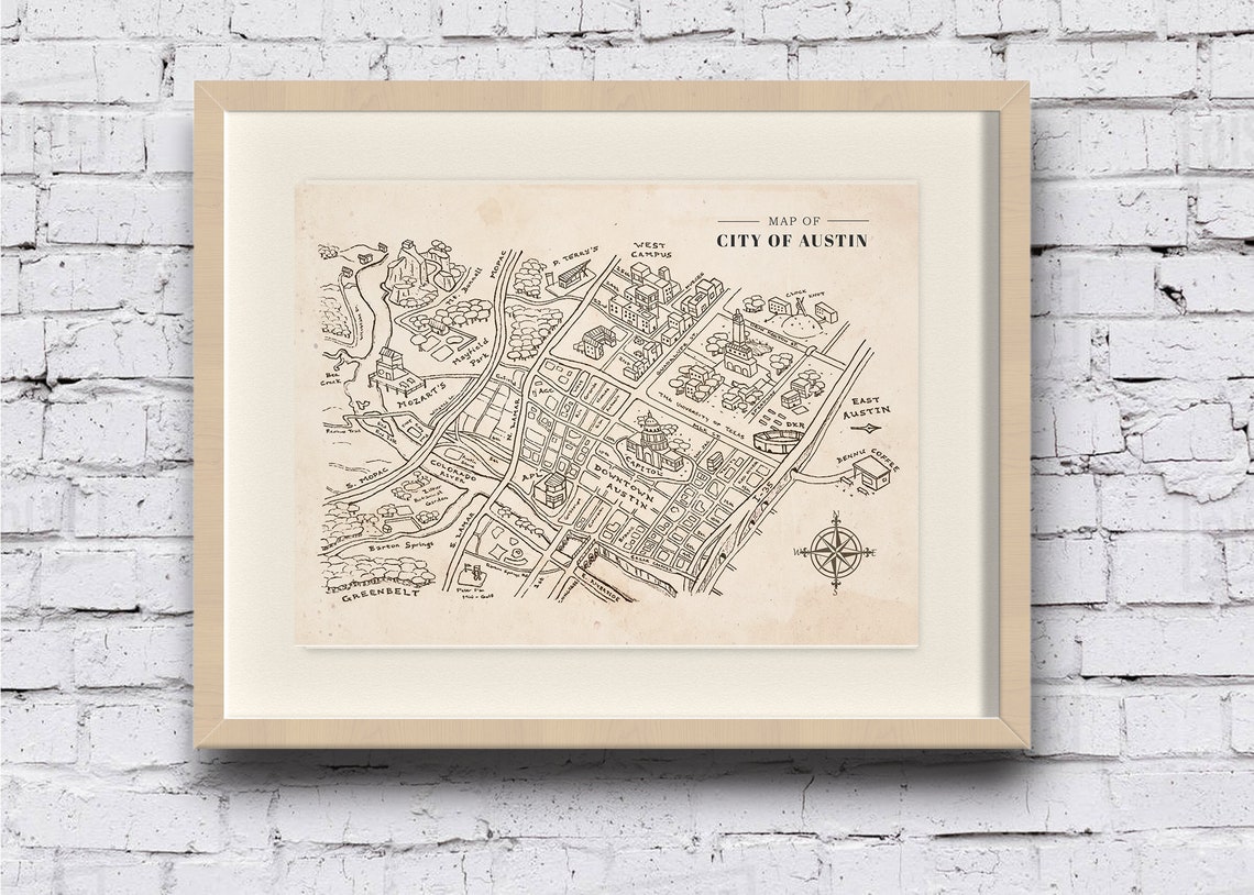 Austin Vintage Map, Printable, Map of Austin, Austin Texas, Retro City ...