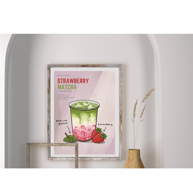 Strawberry Matcha Boba Painting, Printable, Bubble Tea Drink Print ...