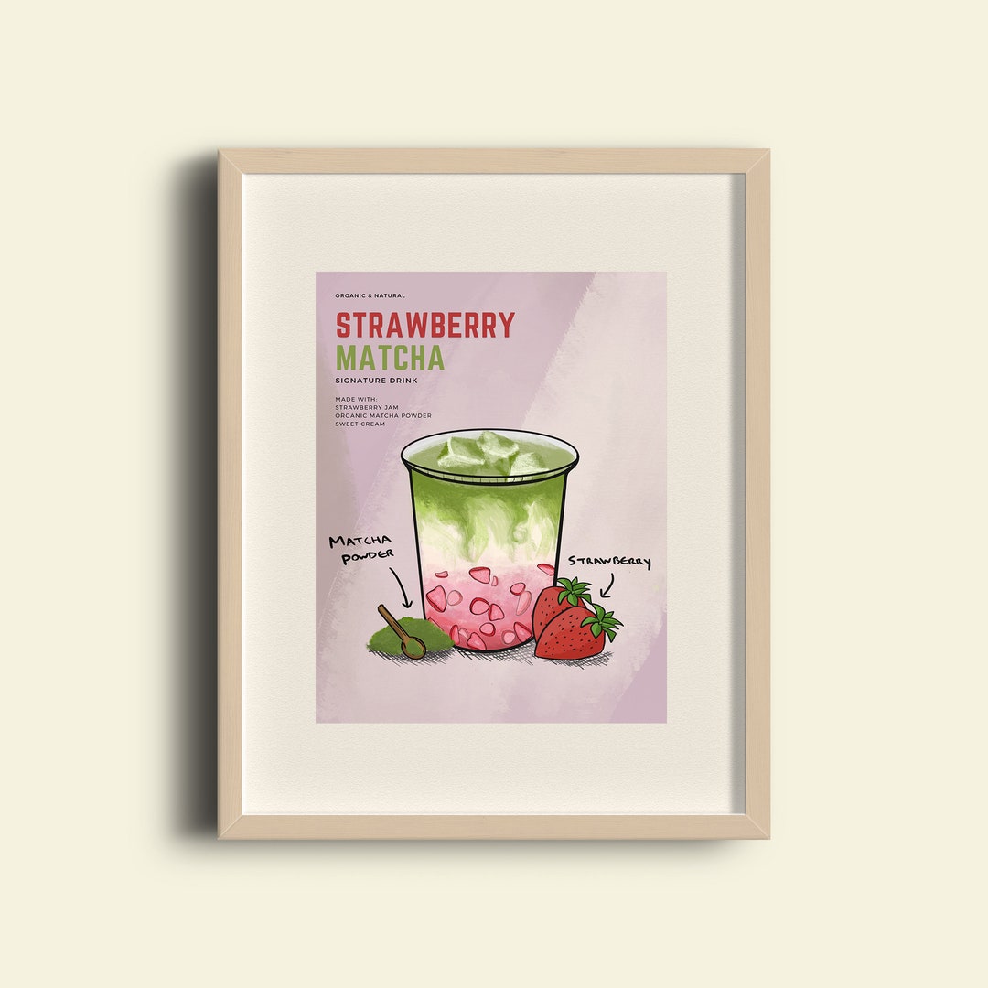 Strawberry Matcha Boba Painting, Printable, Bubble Tea Drink Print ...