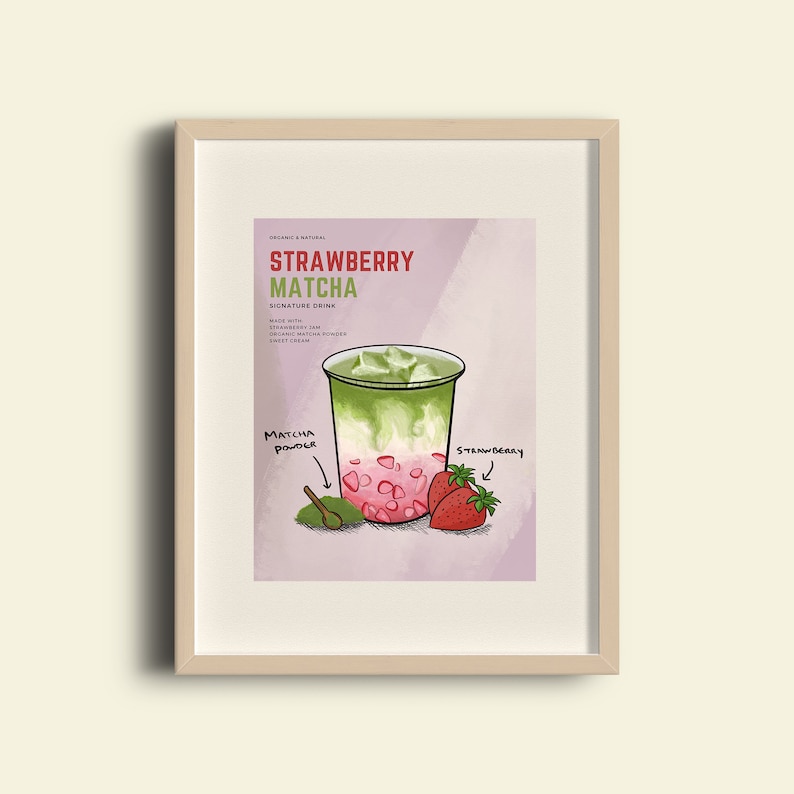 Strawberry Matcha Boba Painting, Printable, Bubble Tea Drink Print ...