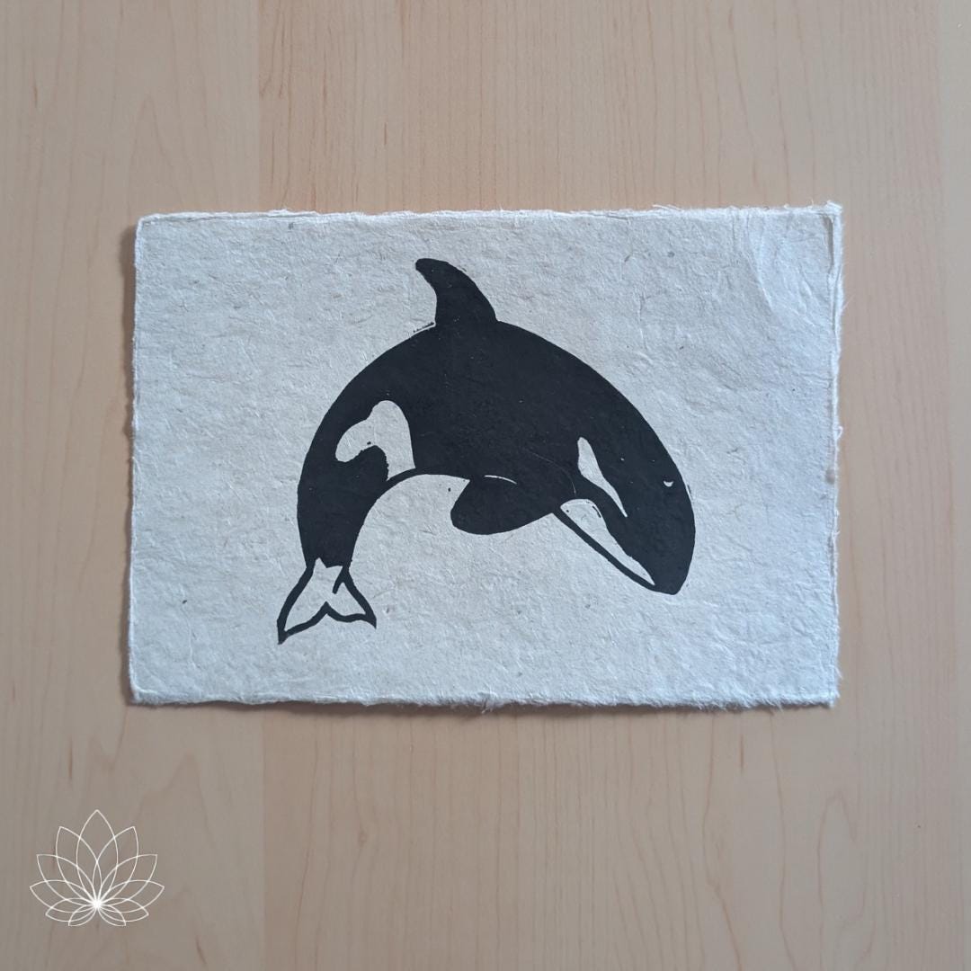 Orca Linocut on Lokta Paper, 7"x5" - Blockprint Art, Animal Art, Nature ...