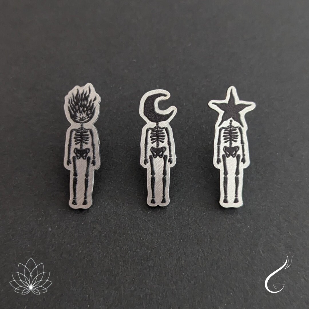Eco-metal Pins - Flaming Skeleton, Moon Skeleton. Star Skeleton ...