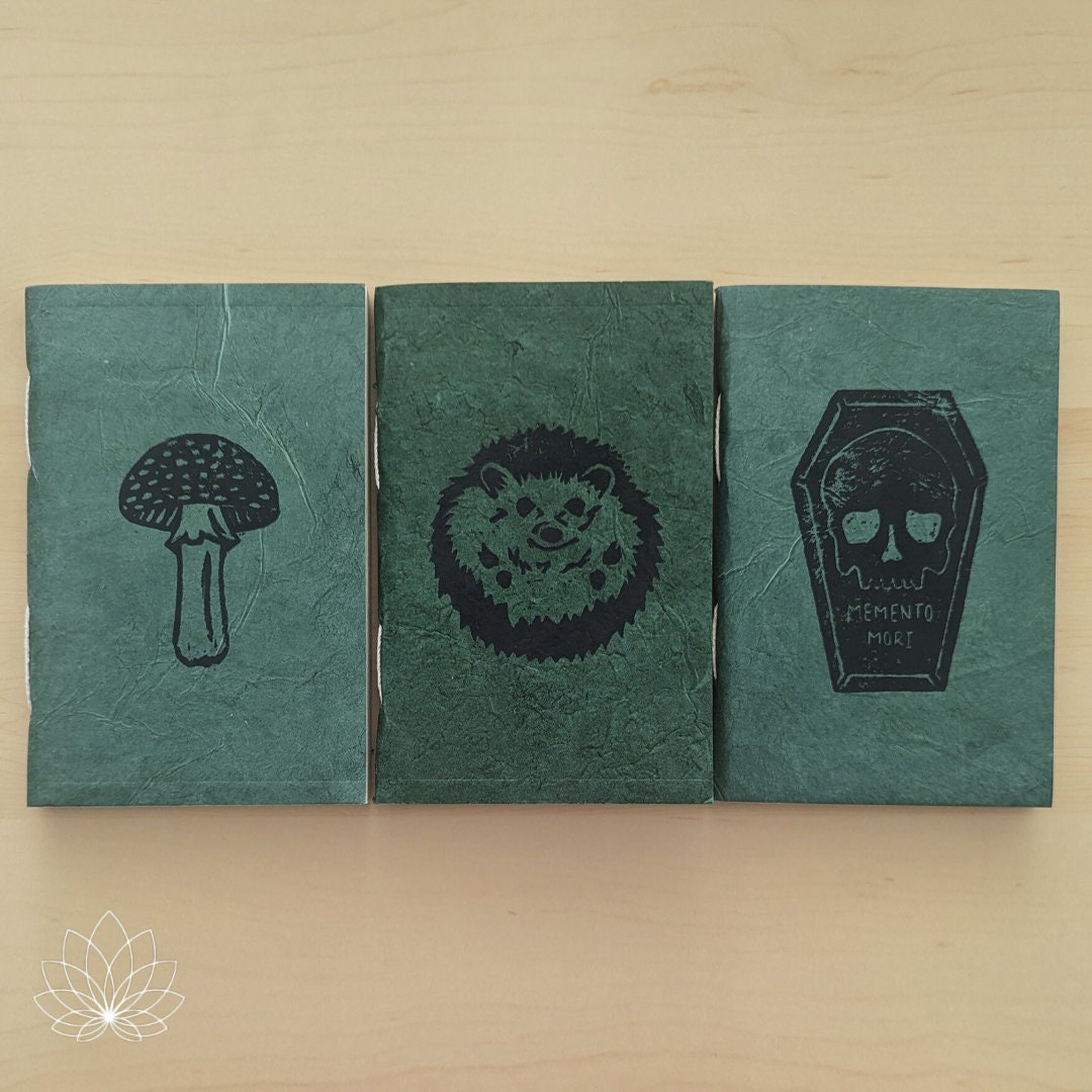 Linocut on Lokta Paper Notebooks, 5.5"x8.5" - Agaric Mushroom, Hedgehog ...