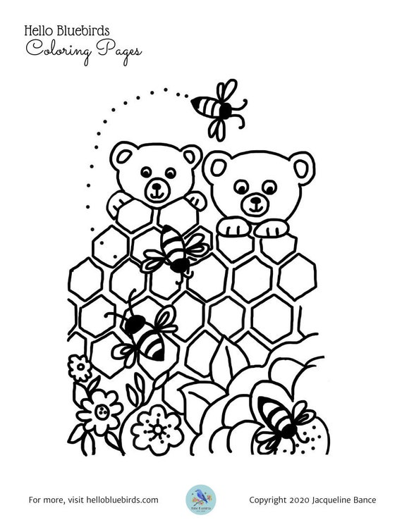Bees and Bears Original Coloring Page PDF Download by | Etsy