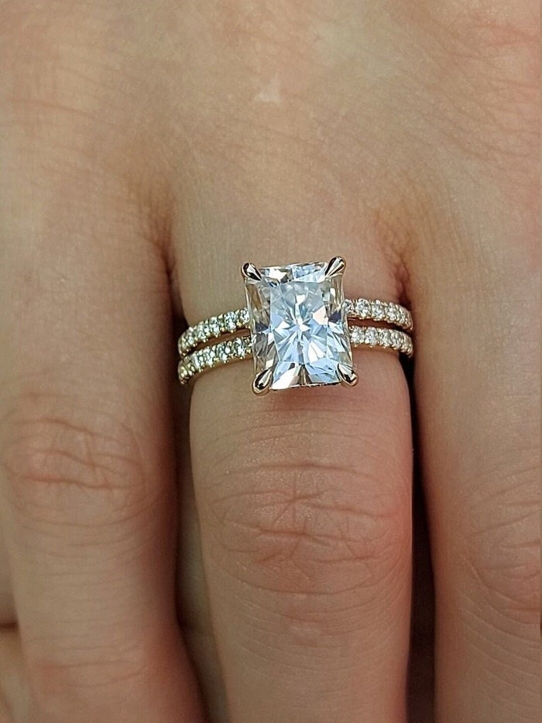 Radiant Moissanite Wedding Ring Set, Hidden Halo 2.5 CT Radiant Cut ...