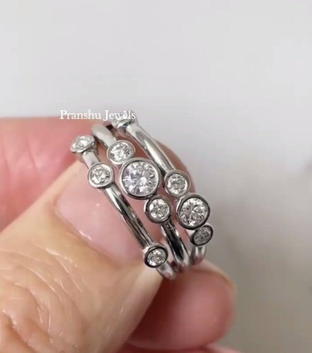 Raindrop Ring, Round Moissanite Bezel Set Engagement Ring, Three Row ...