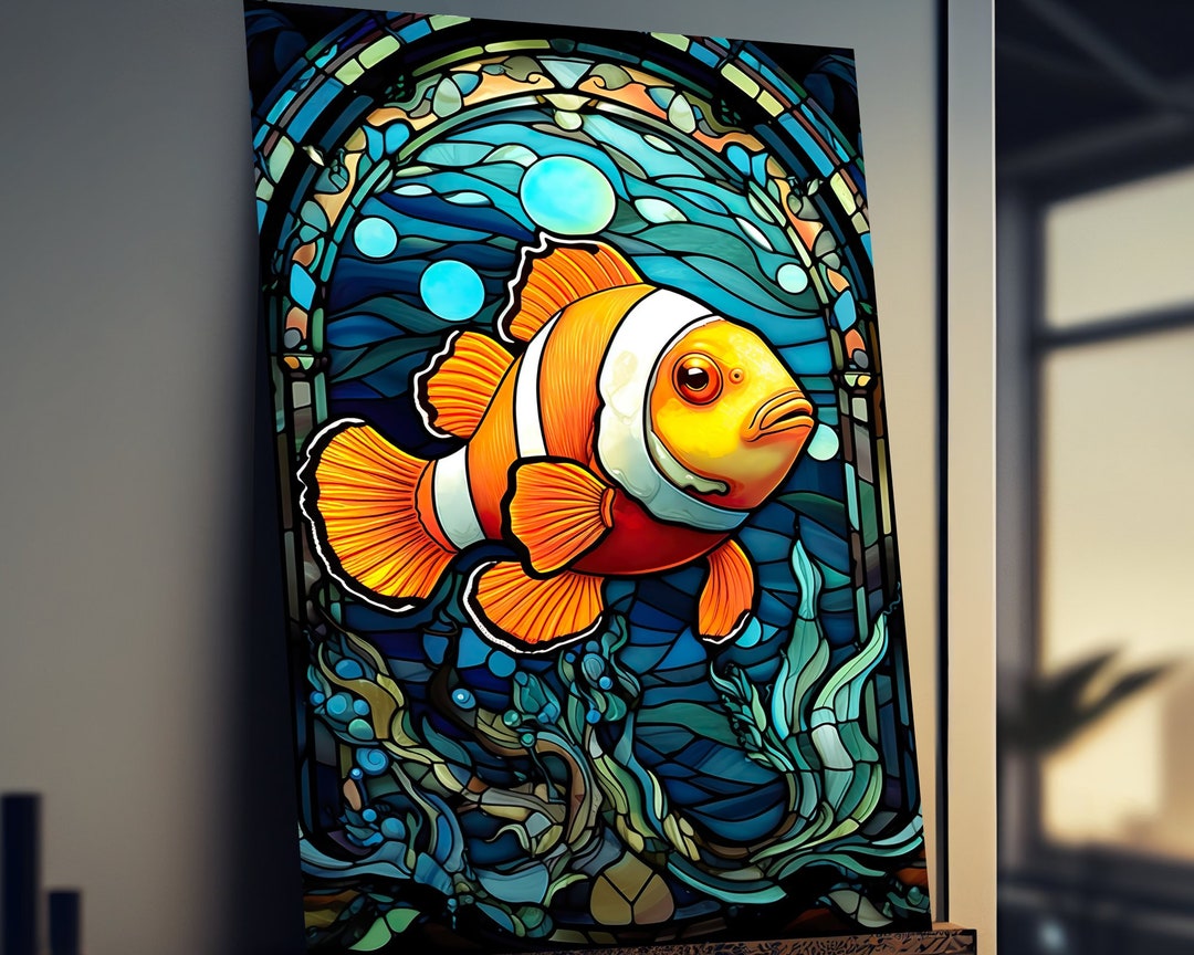 Stained Glass Clownfish Digital Artwork, Ocean Life Vivid Colors Wall ...