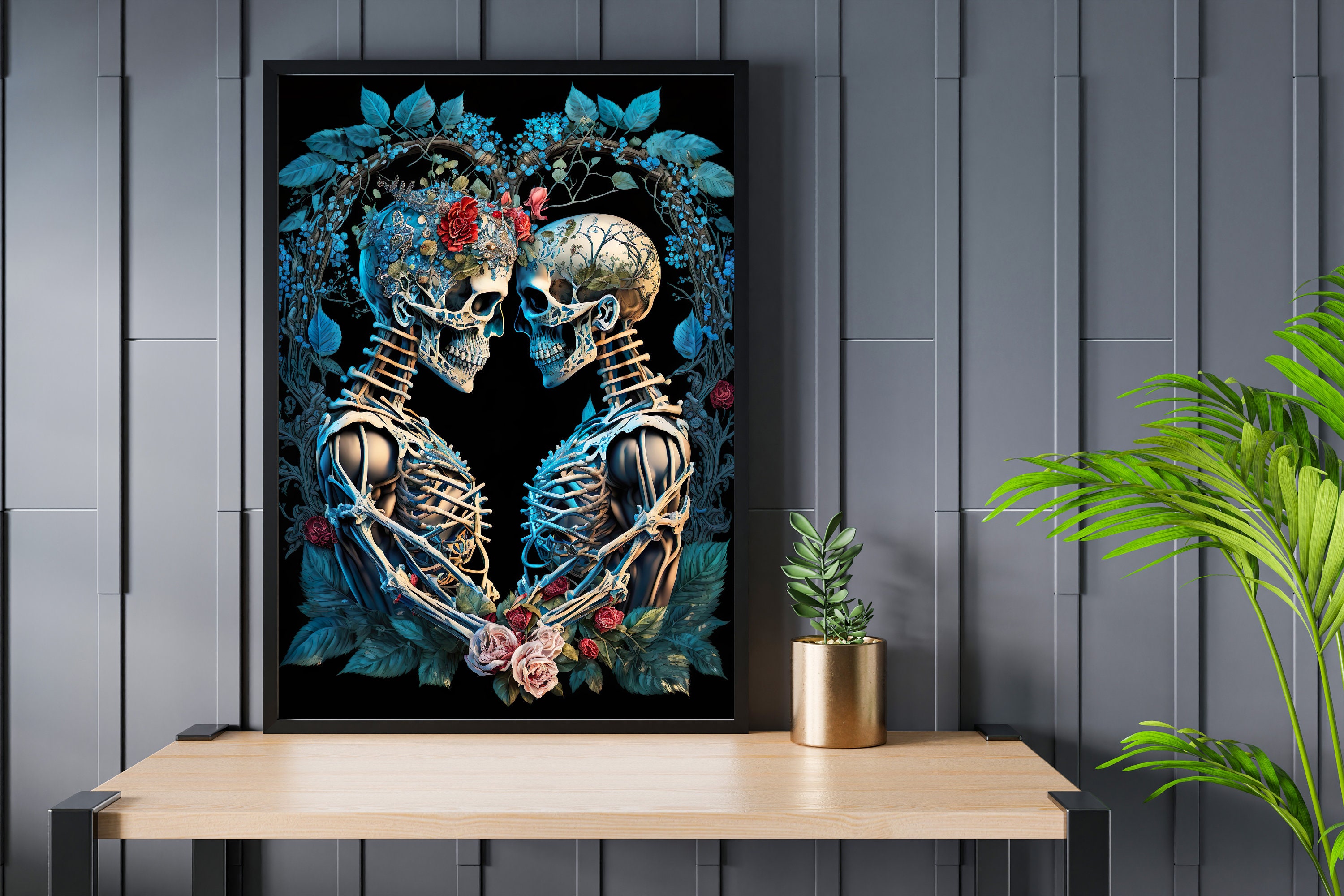 Heart Flowers Skeleton Art Gothic Skull Decor Digital - Etsy