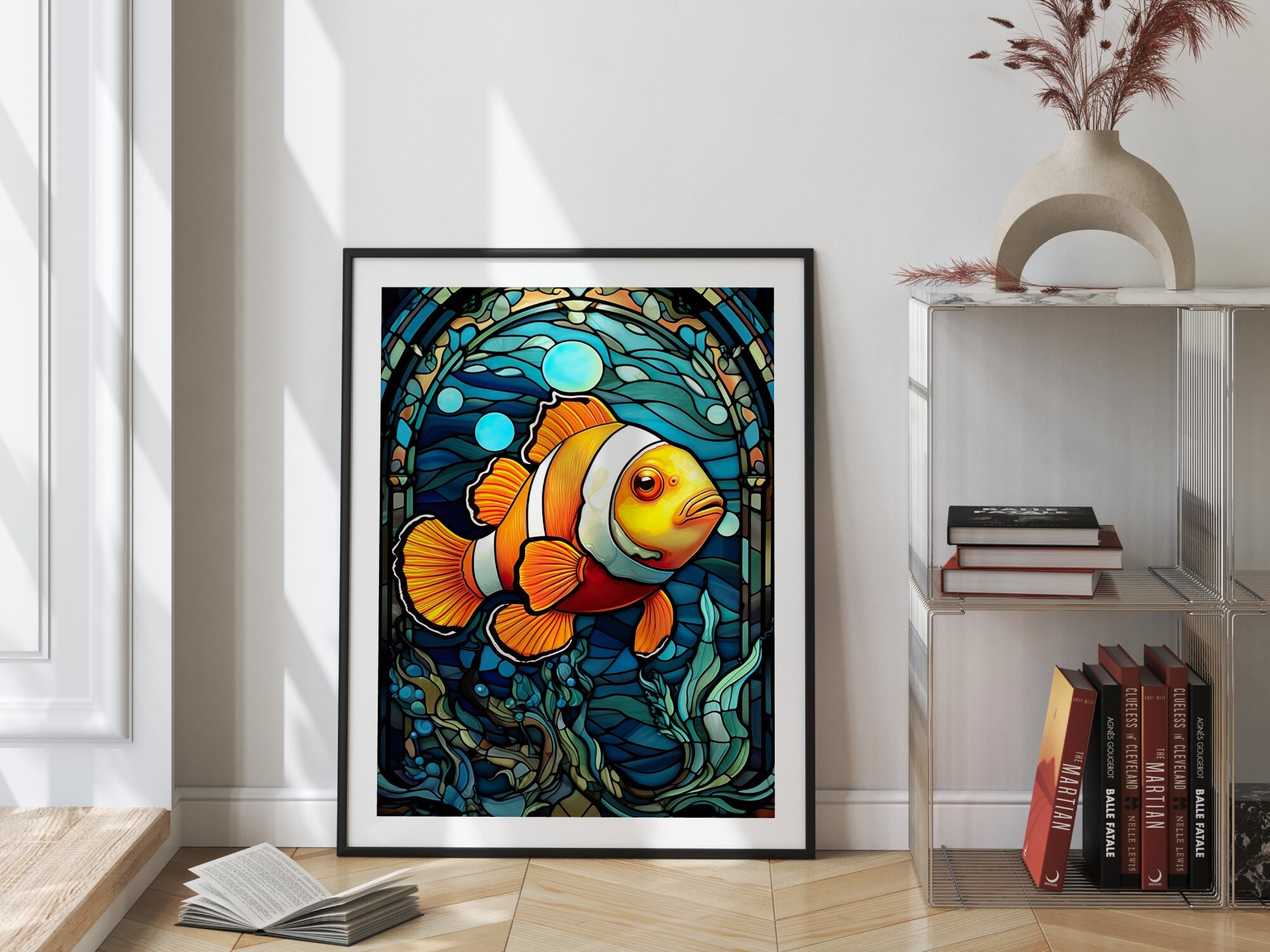 Stained Glass Clownfish Digital Artwork, Ocean Life Vivid Colors Wall ...