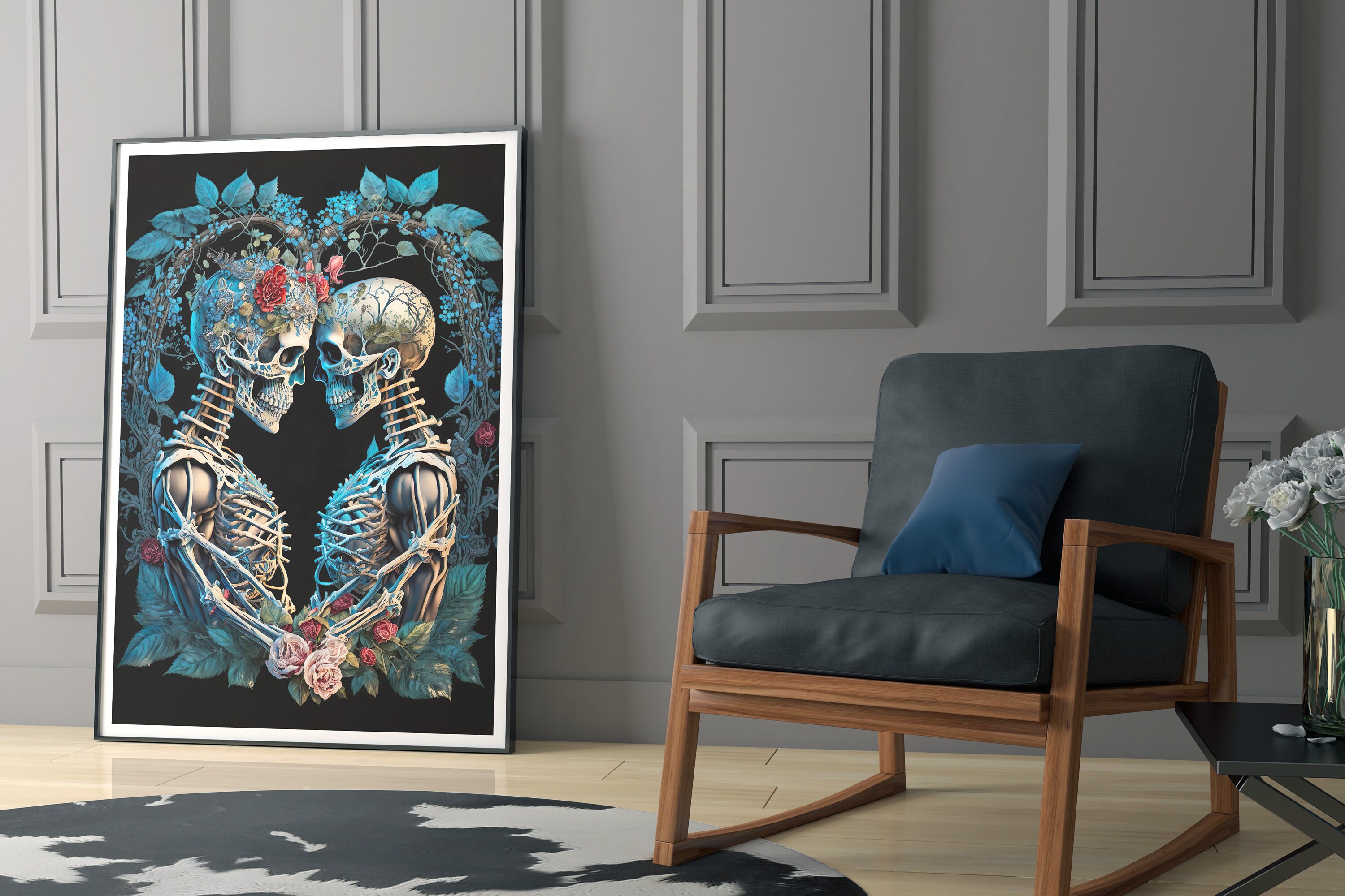 Heart Flowers Skeleton Art Gothic Skull Decor Digital - Etsy