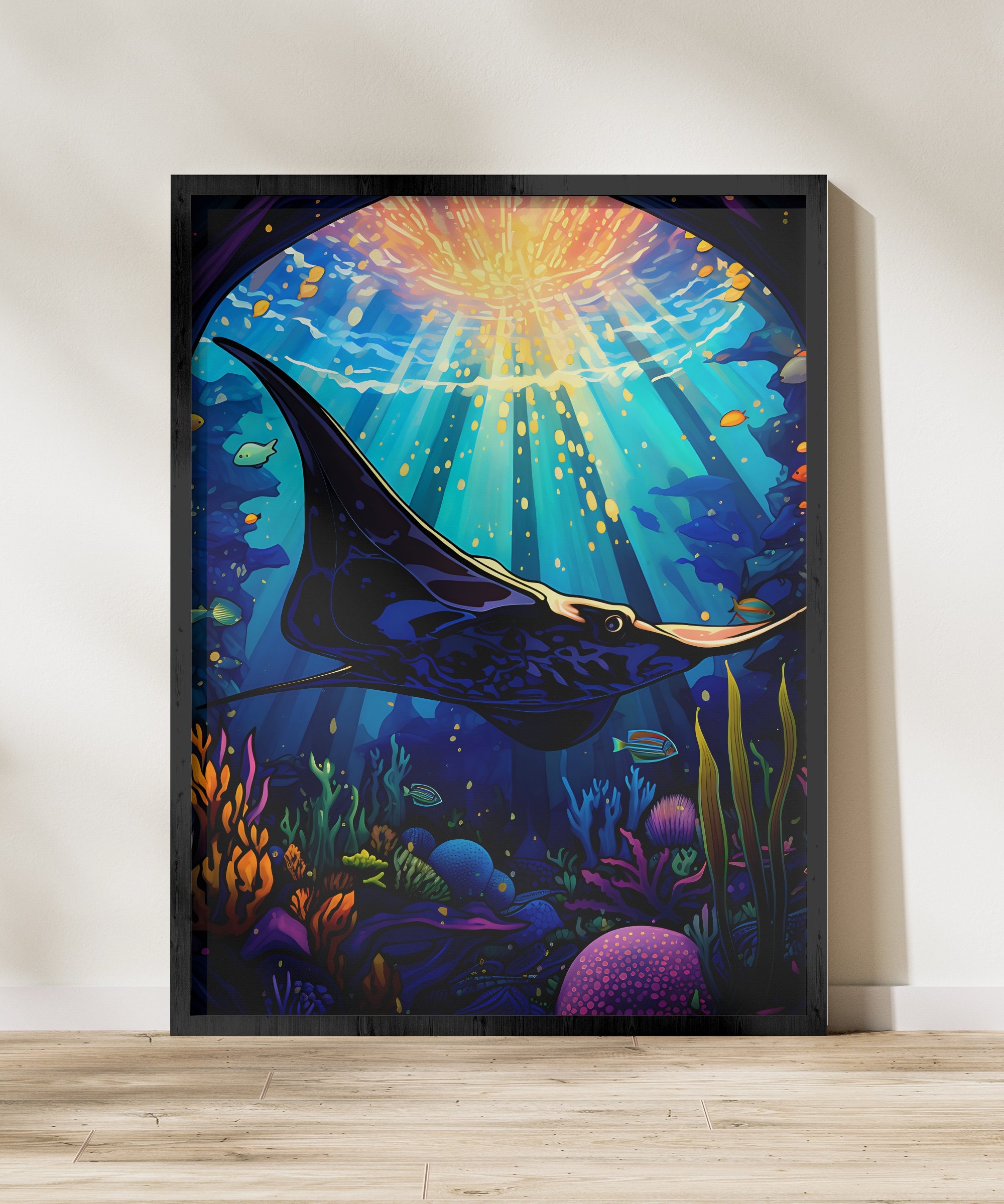 Colorful Underwater Scene Digital Art, Ocean Wildlife, Sting Ray ...