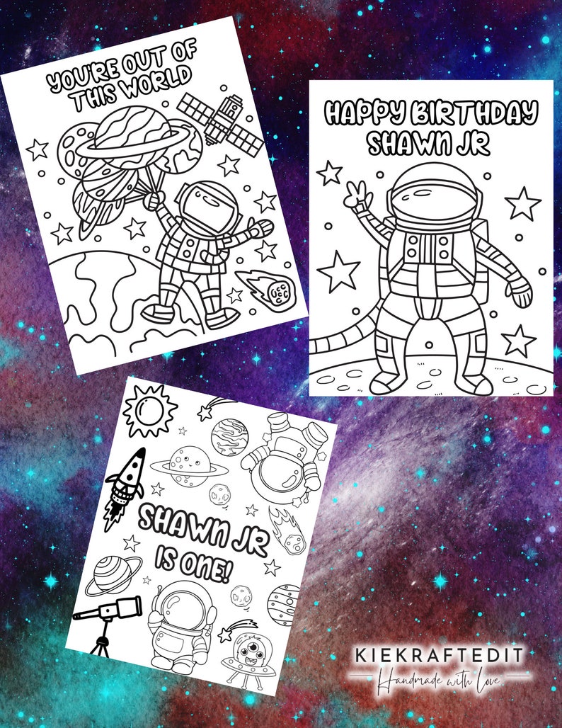 Custom & Personalized Space Party Coloring Pages| First Trip Coloring ...