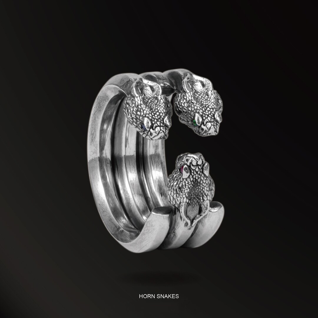 Three-headed Snake Ring: Sterling Silver Ruby Sapphire Emerald Eyes ...