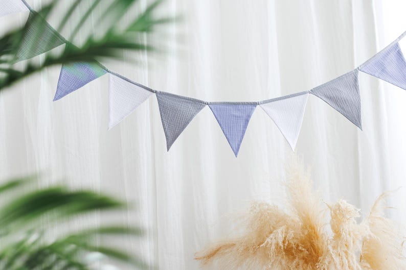 Blue Bunting Banner, Cotton Flags for Nursery, Handmade Wall Hanging ...