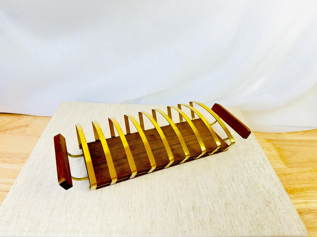 Mid Century Toast Rack Vintage Retro Toast Tray in Teak & Brass Gold ...