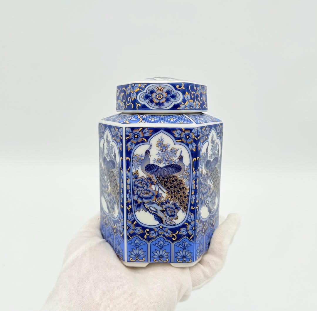 Vintage Imperial Peacock Ginger Jar Blue White Porcelain Tea Caddy ...