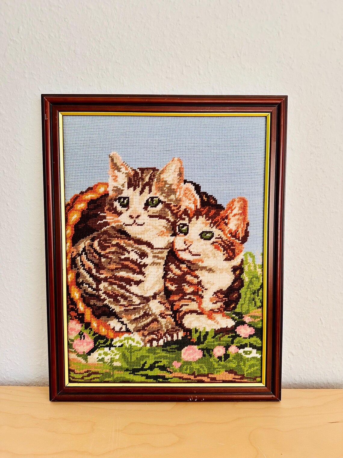 Vintage Cat Embroidery in Wooden Frame - Handmade 1980s | Vintage ...