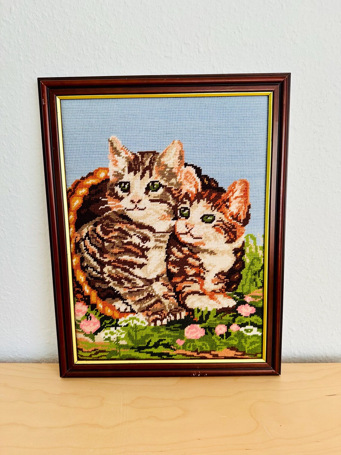 Vintage Cat Embroidery in Wooden Frame - Handmade 1980s | Vintage ...