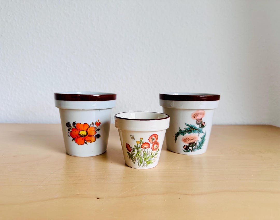 Set of 3 Small Vintage Flower Pots | Ceramic Pots With Floral Designs ...