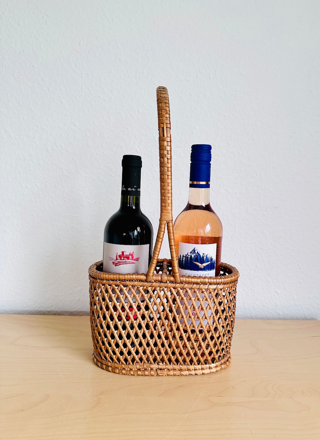 Vintage Rattan Wine Basket With Handle / Wine Basket for 2 Bottles ...