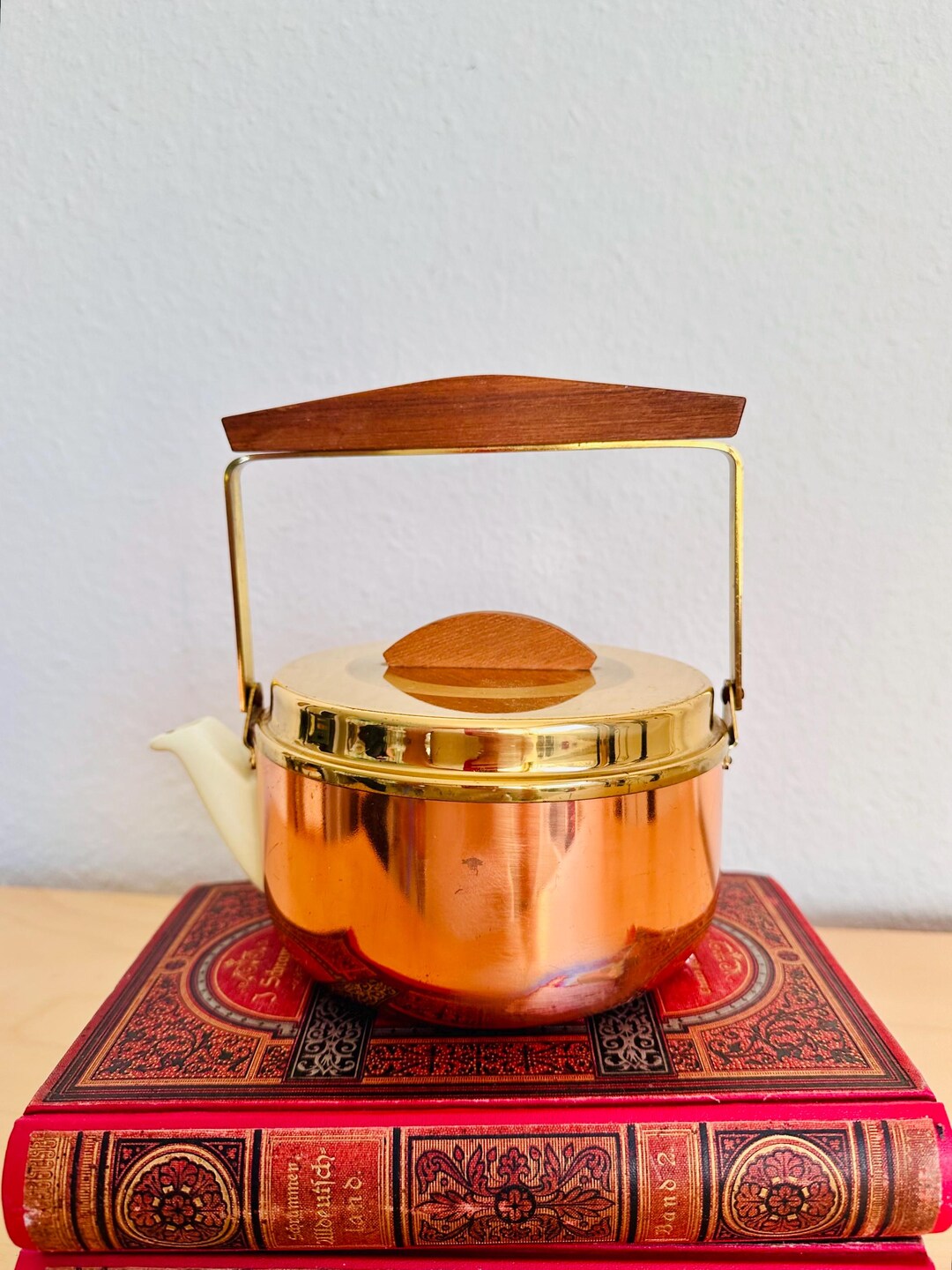 Vintage Mid Century Teapot With Wooden Handle and Copper-brass Casing ...