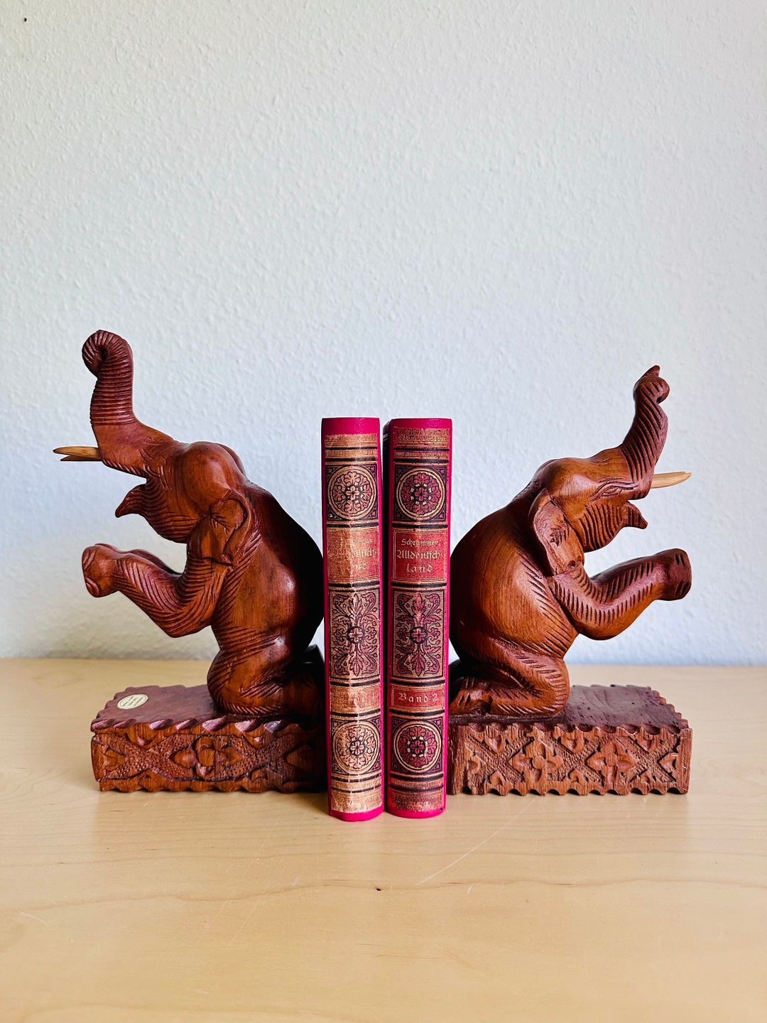 Vintage Teak Elephant Bookends Hand-carved Boho Wood Elephant Figures ...