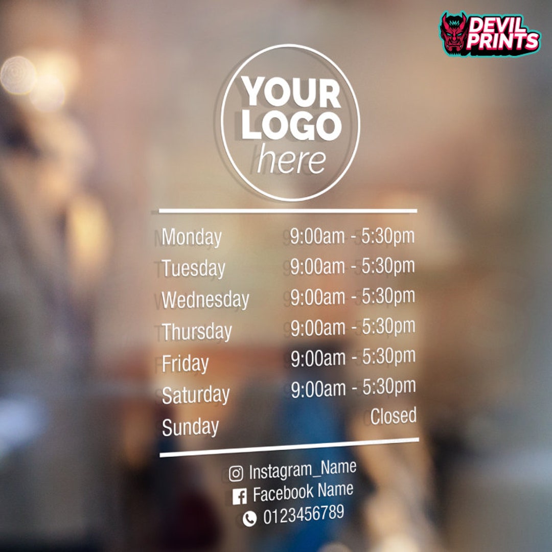 Custom Business Logo Opening Hours Vinyl Decal - Shop Window Sticker ...