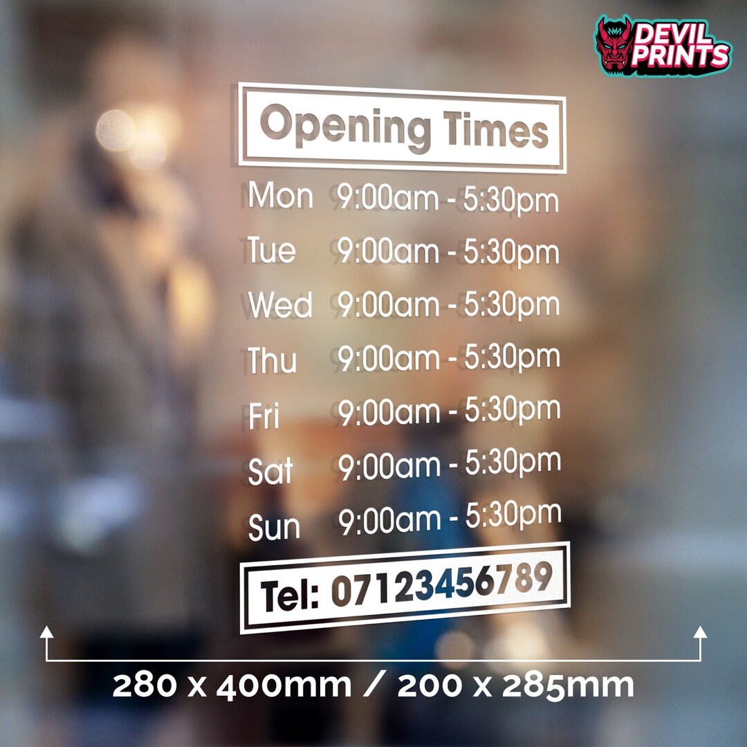 Shop Window Opening Hours Times Personalised Customised Sign Vinyl ...