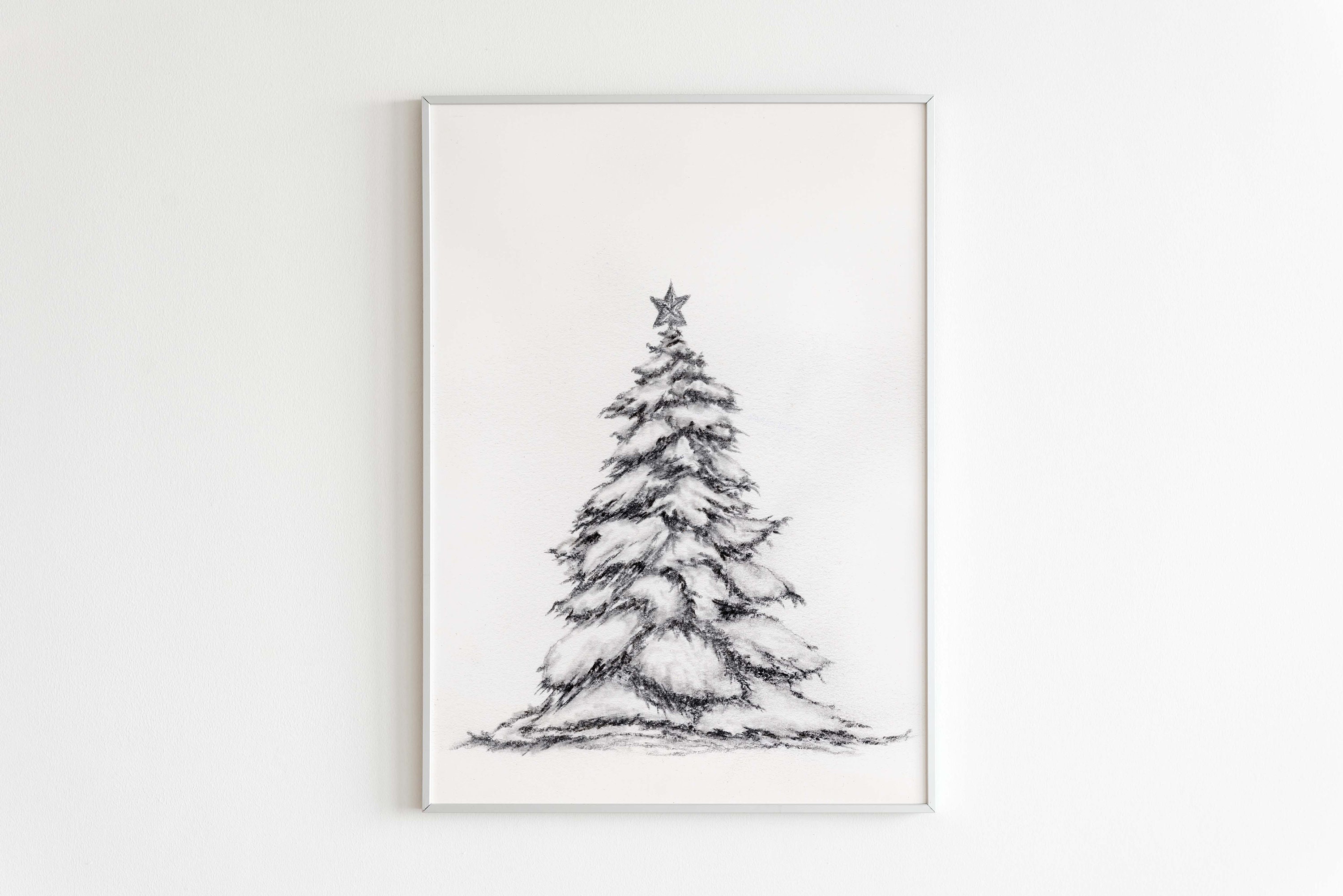 Pine Tree Sketch, Snowy Tree Print, Christmas Wall Decor Minimalist ...