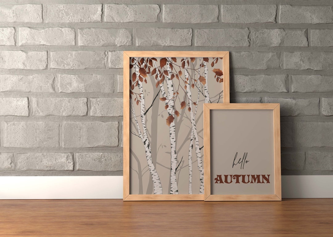 Fall Wall Art Set of 2 Printable, Brich Tree Forest and Hello Autumn ...