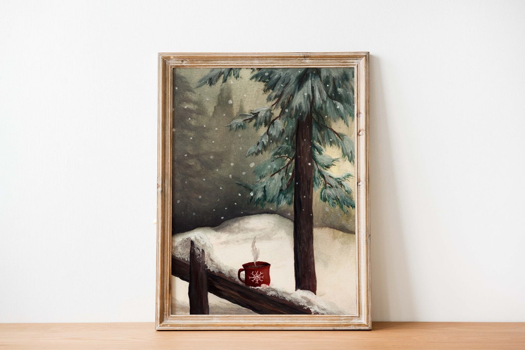 Warm Winter Landscape Printable, Christmas Snowy Tree With Coffee Wall ...