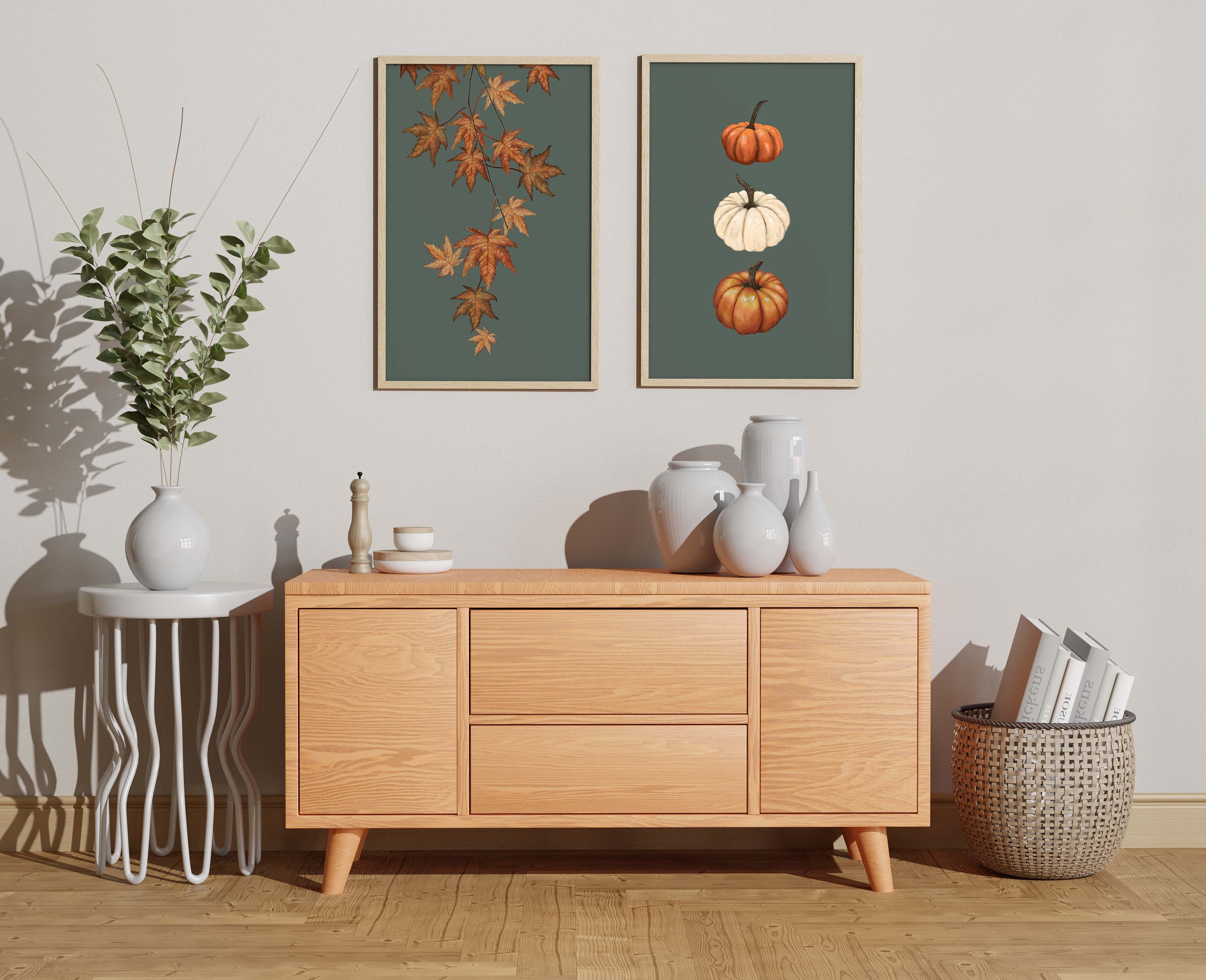 Fall Wall Art Set of 2 Printable, Dry Leafy Branch and Pumkins Print ...