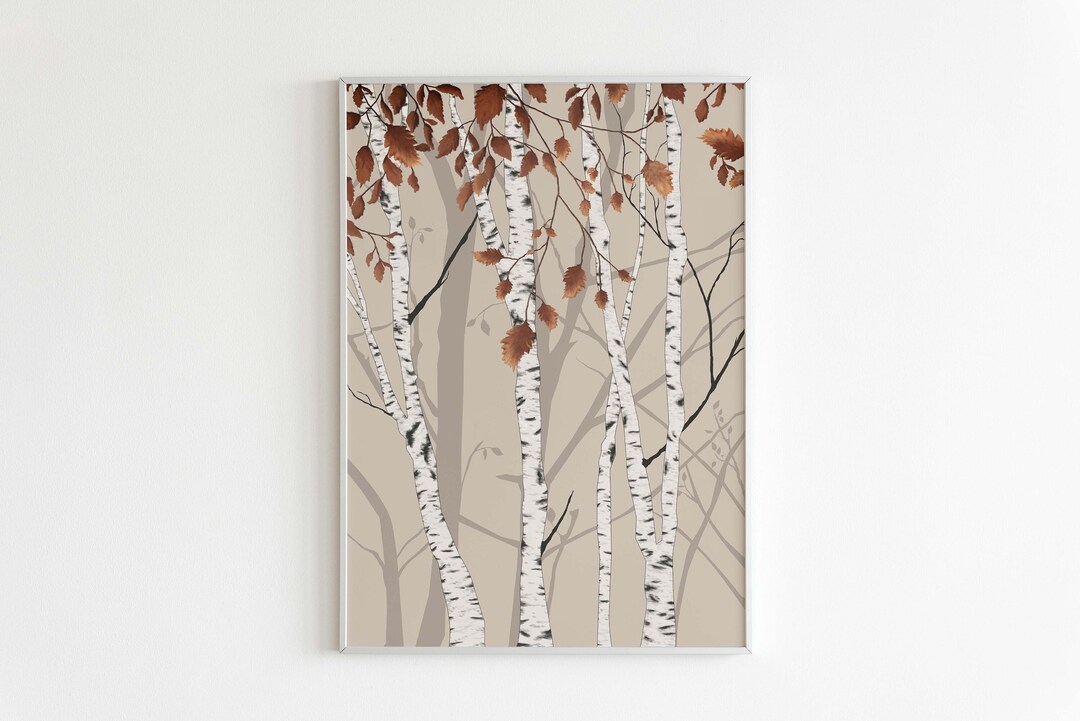 Leafy Autumn Birch Tree Japandi Wall Art Printable, Fall Wall Art, Fall ...