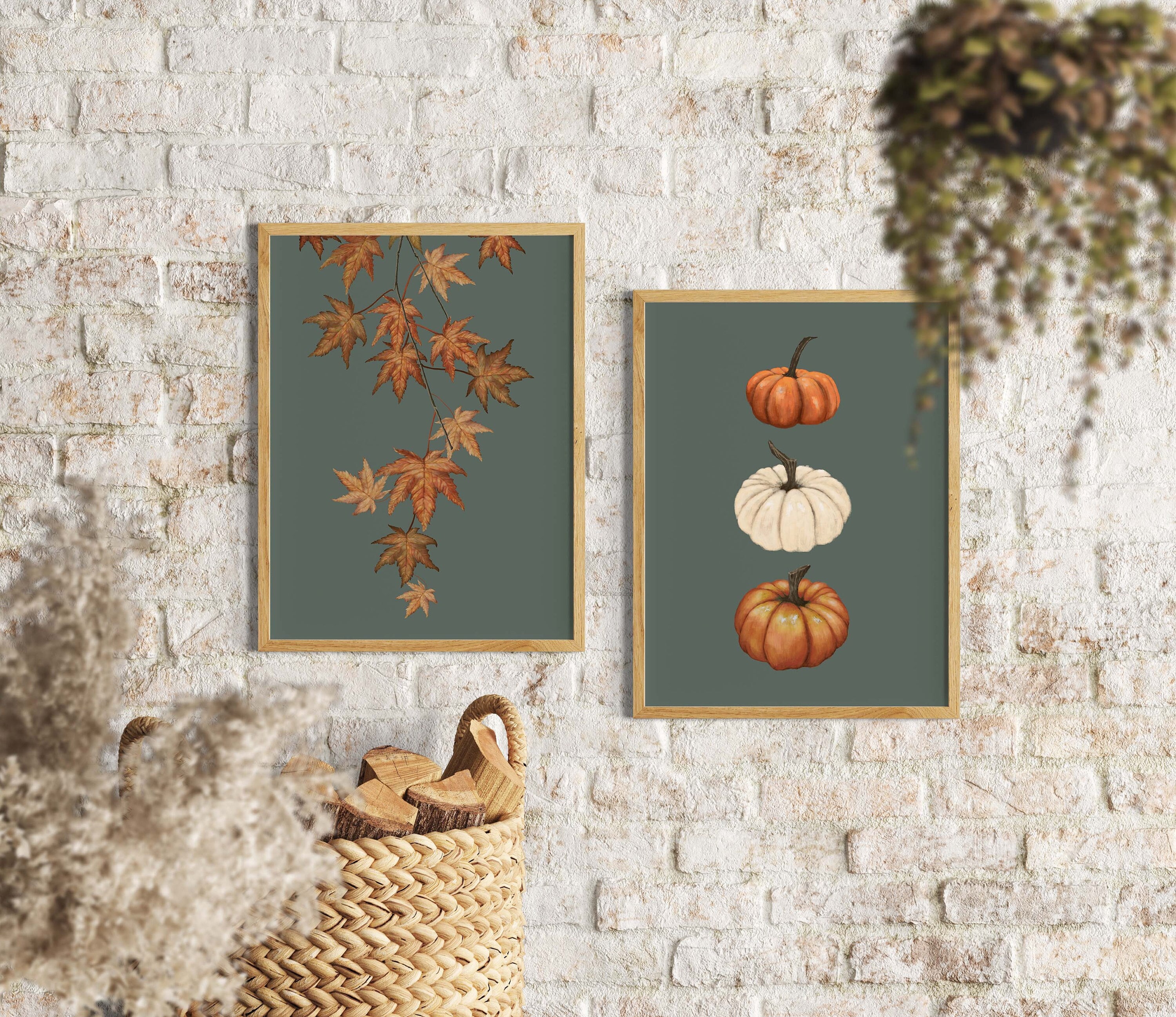 Fall Wall Art Set of 2 Printable, Dry Leafy Branch and Pumkins Print ...